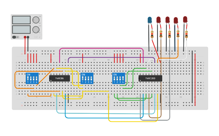 Circuit design 4 bit adder/subtractor - Tinkercad
