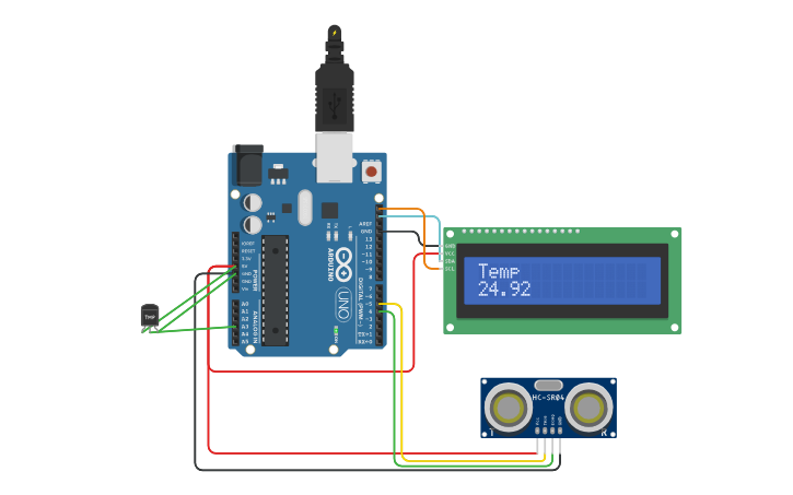 Circuit design Display LCD I2C con sensor de distancia - Tinkercad