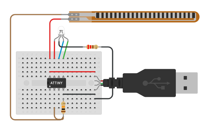 Circuit design ATtiny drives a flexible sensor [block code] - Tinkercad