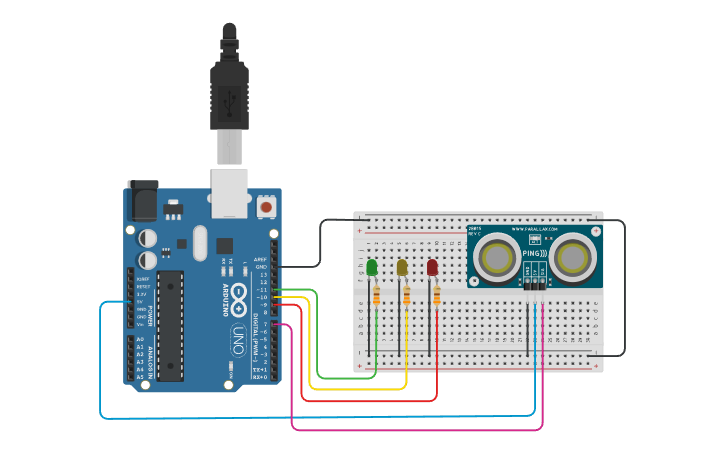 Circuit design Interface Ultrasonic Sensor and LED with Arduino - Tinkercad