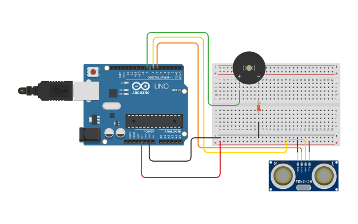 Circuit design Ultrasonic Sensor with Buzzer - Tinkercad