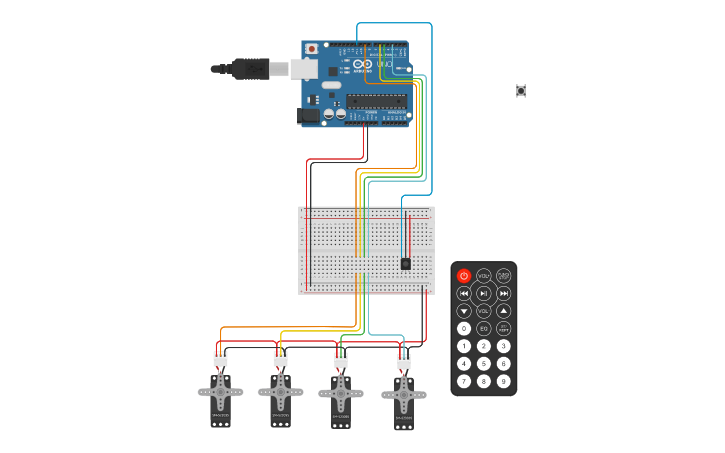Circuit Design 4 Servo With Ir Remote V02 Tinkercad