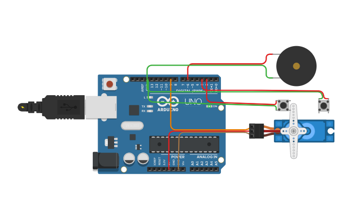 Circuit design Servo + 2 buttons + Interrupt + buzzer - Tinkercad