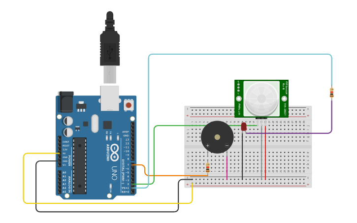 Circuit design PIR Sensor with Buzzer and LED - Tinkercad