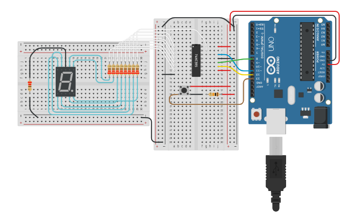 Circuit design 7 seg display with 74HC595 - Tinkercad