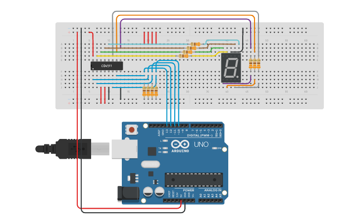 Circuit design Decodificador BCD para display de 7 segmentos Arduino - Tinkercad