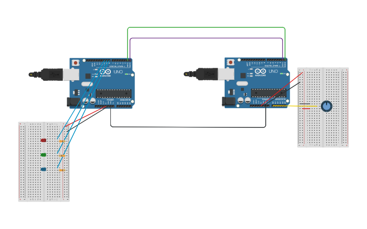 Circuit design 2. Serial UART between 2Arduino UNO using potentiometer and LEDs - Tinkercad