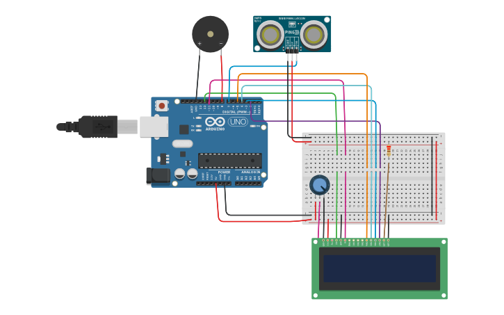 Circuit design Back-up radar with arduino - Tinkercad