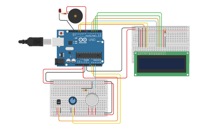 Circuit design IOT mini project (fire and gas detection system) - Tinkercad