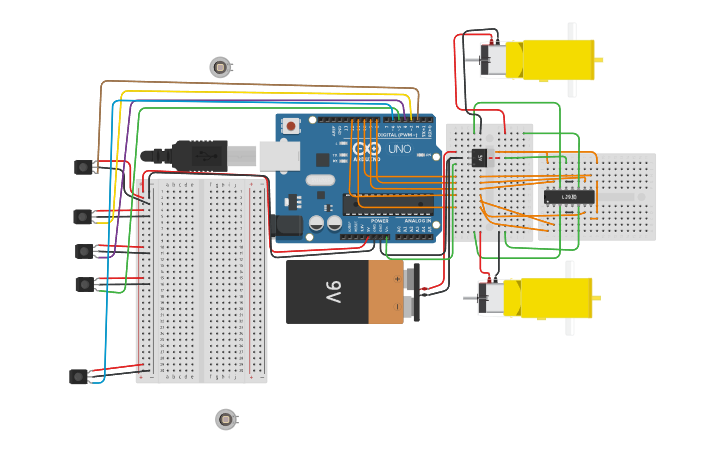 Circuit design Robot line follower - Tinkercad