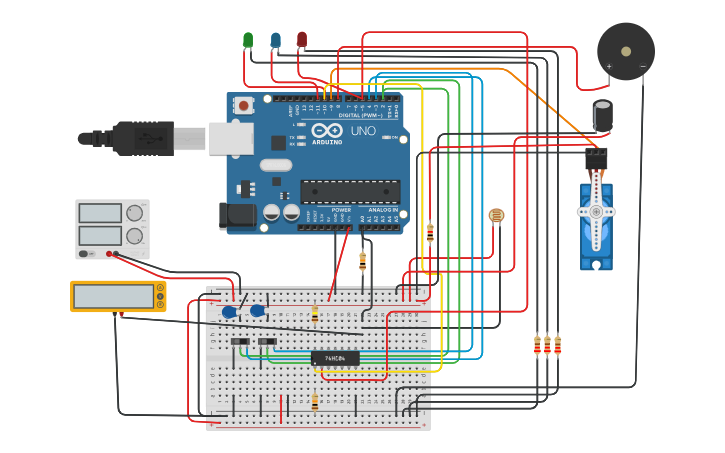 Circuit design Sistem Tirai Otomatis dengan Mode Manual - Tinkercad