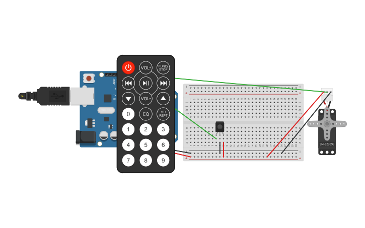 Circuit design IR REMOTE AND IR SENSOR CONTROL SERVO MOTOR - Tinkercad