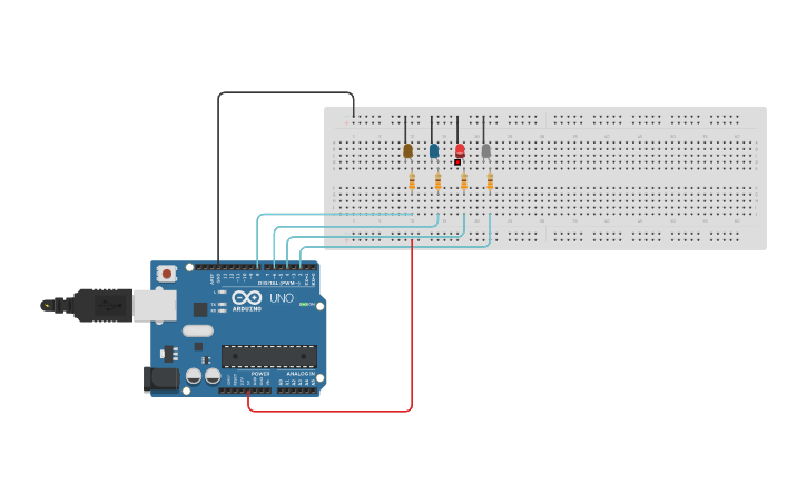 Circuit design Secuenciador de luces con Arduino Uno con 4 leds - Tinkercad