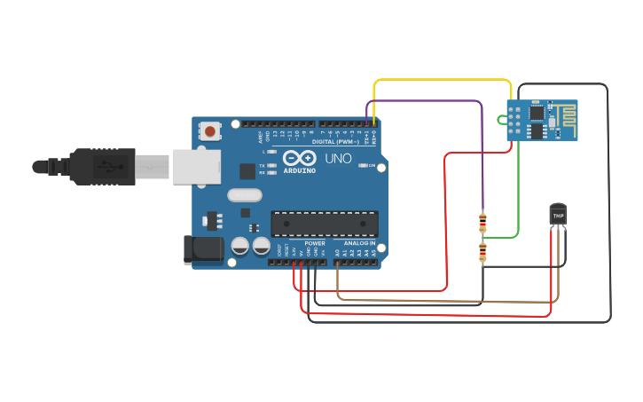 Circuit design ESP8266 with Thingspeak Cloud Practical IOT - Tinkercad