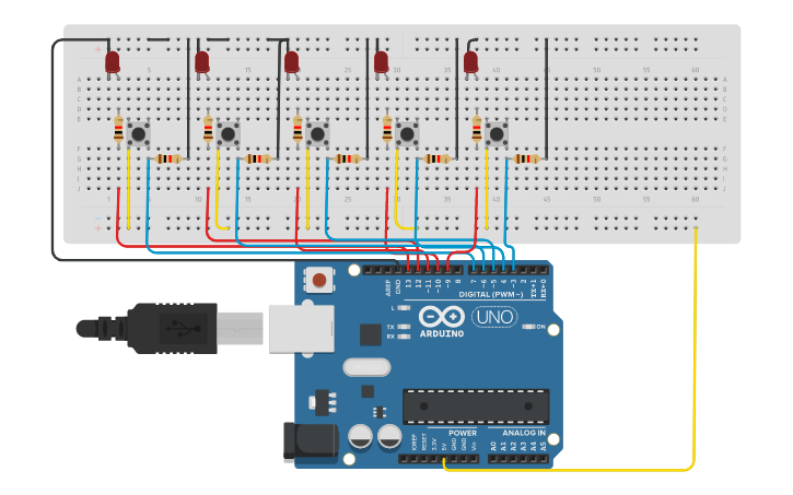 Circuit Design 5 Led Blinking Using Pushbutton In Arduino Tinkercad