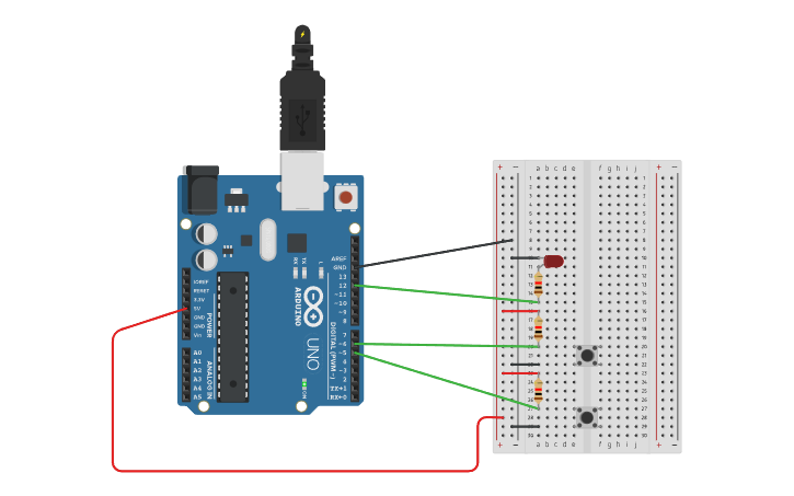 Circuit design increment and decrement the led delay time using 2 push buttons - Tinkercad