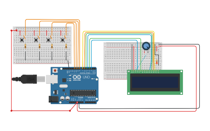 Circuit design 4 buttons counter with LCD 16x2 - Tinkercad