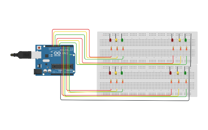 Circuit design 4 way traffic lights Arduino - Tinkercad