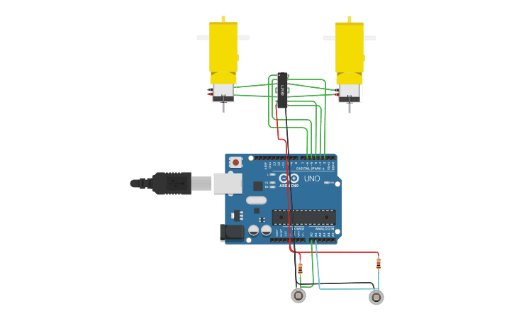 Circuit design robot line follower 2 sensor photodioda - Tinkercad