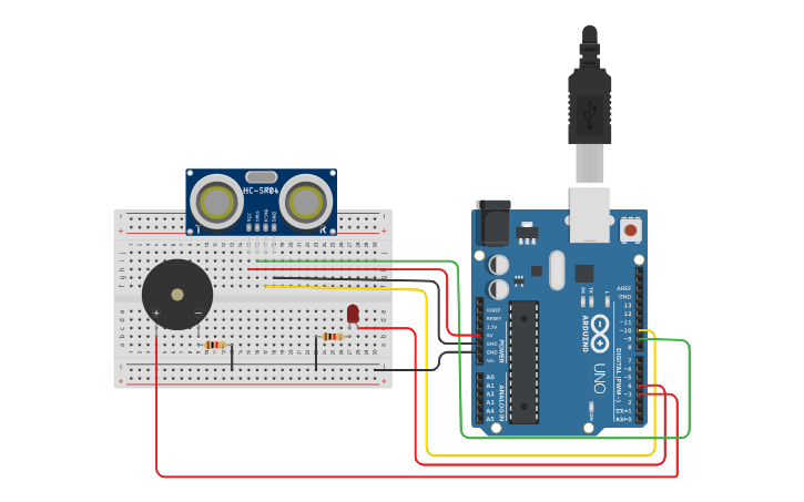 Circuit design Sonar Sensor with LED and Piezo/ Επιμόρφωση B2 / Συστάδα Μηχανικών. - Tinkercad