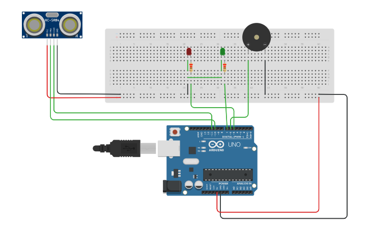 Circuit design control led with ultrasonic sensor - Tinkercad