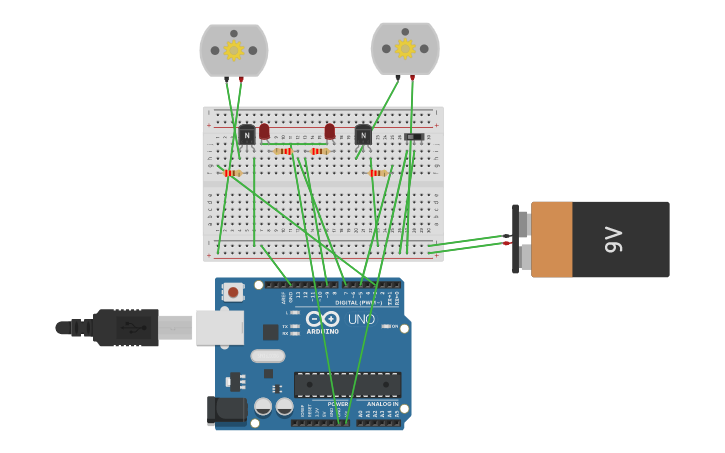 Circuit design transistori ja moottori - Tinkercad