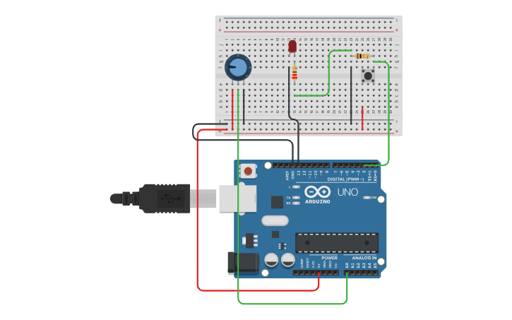 Circuit design Button + Potentiometer - Tinkercad