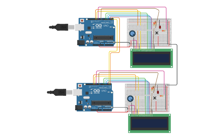 Circuit design serial communication using two arduino - Tinkercad