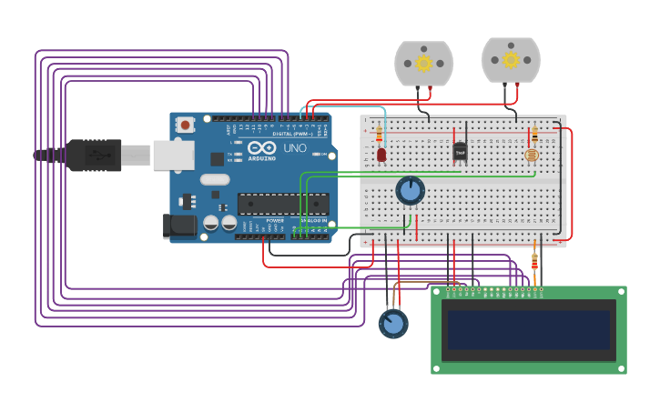 Circuit design SISTEMA DE RIEGO CON ARDUINO dETECTOR DE HUMEDAD Y TEMPERATURA - Tinkercad