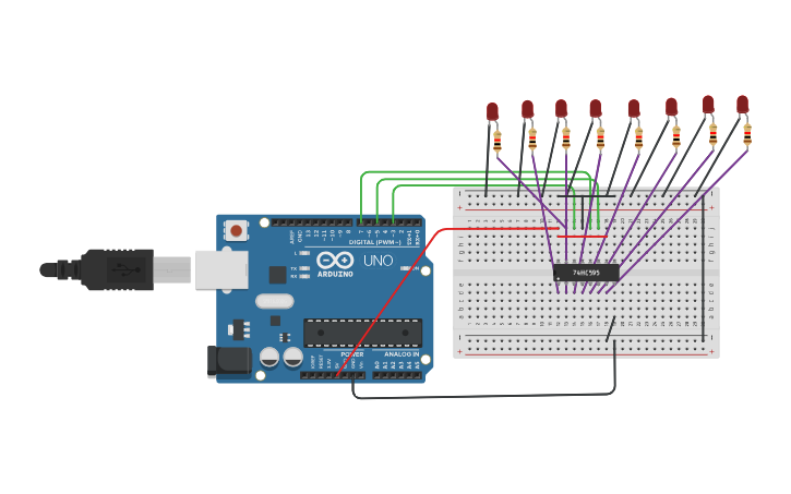 Circuit design Shift Register Counter - Tinkercad