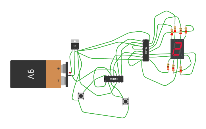 Circuit design 74HC93 with Segment Decoder - Tinkercad