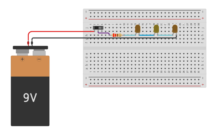 Circuit design 3 LED's EN SERIE CON INTERRUPTOR - Tinkercad