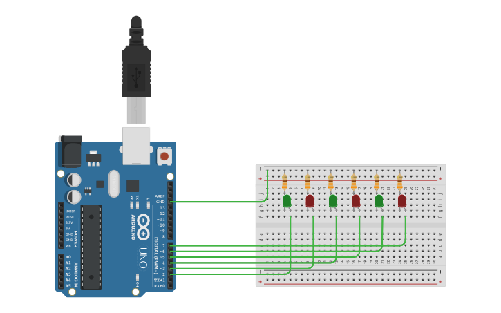 Circuit design Running LED For Loop - Tinkercad