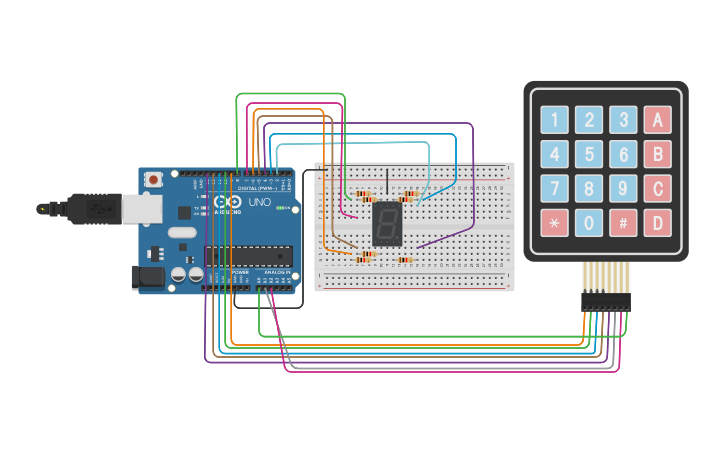 Circuit design keypad + 7 segment display - Tinkercad