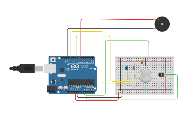Circuit design Pendeteksi kebakaran dengan sensor asap - Tinkercad