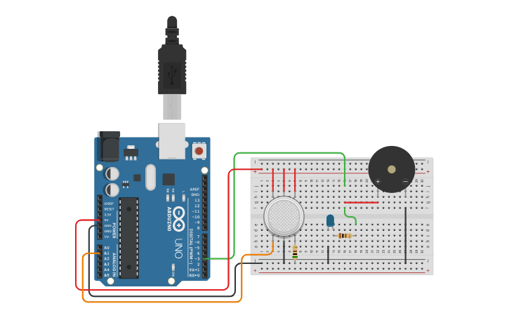 Circuit design Gas Sensor with LED and Buzzer - Tinkercad