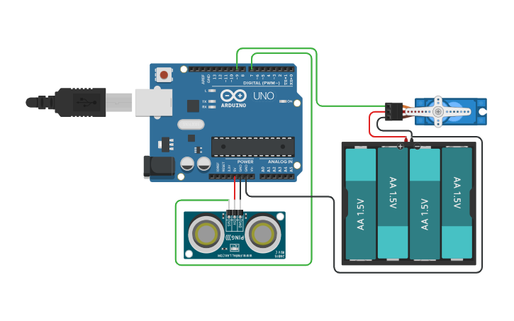 Circuit design Distance Indicator using Ultrasonic with Servo - Tinkercad