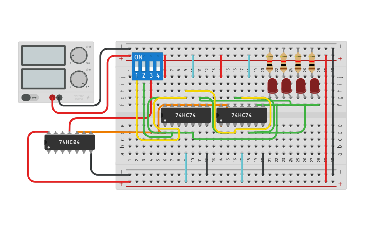 Circuit design Lab 8 - Part B 4-bit Shift Register - Tinkercad