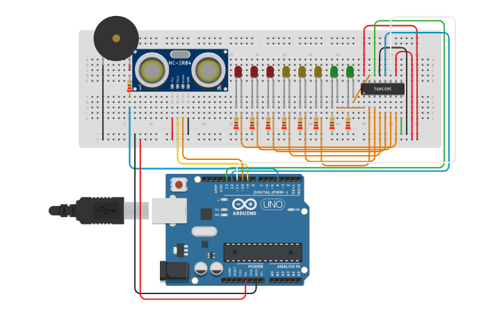 Circuit design Ultrasonic Sensor with LED - Tinkercad