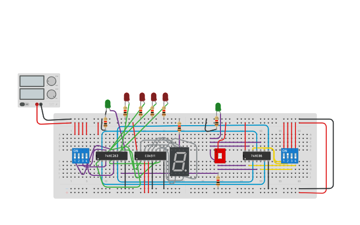 Circuit design 4 bit Parallel Adder Subtractor with BCD 7 - Tinkercad