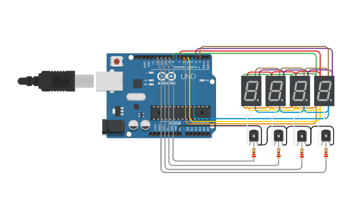 Circuit design CONTADOR DE 0000 A 9999 CON ARDUINO UNO Y 4 DISPLAY 7 SEGMENTOS - Tinkercad