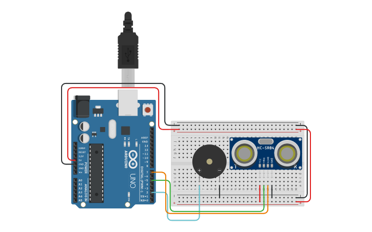 Circuit design sensor ultrasonico con buzzer y Monitor - Tinkercad
