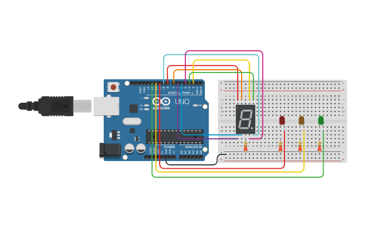 Circuit design Traffic Light Countdown with 7-Segment Display Prototype - Tinkercad