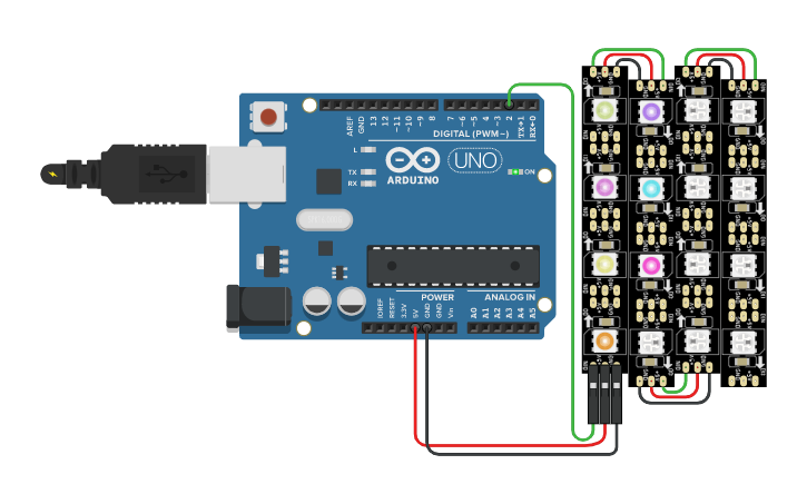 Circuit design Stream of random colors on several LED strips - Tinkercad
