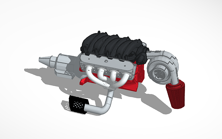 3D design v8 engine (WITH TURBO, EXHAUST, AND TRANSMISSION) - Tinkercad