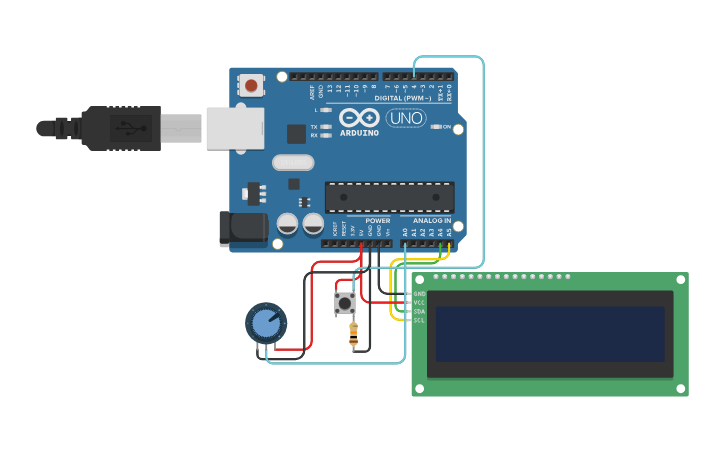 Circuit design Lcd-I2C Push-Button Potentiometer - Tinkercad