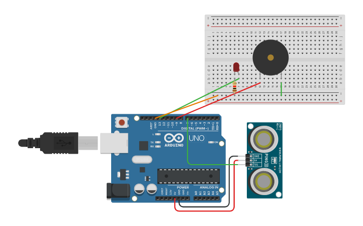 Circuit design Ultrasonic alert system - Tinkercad
