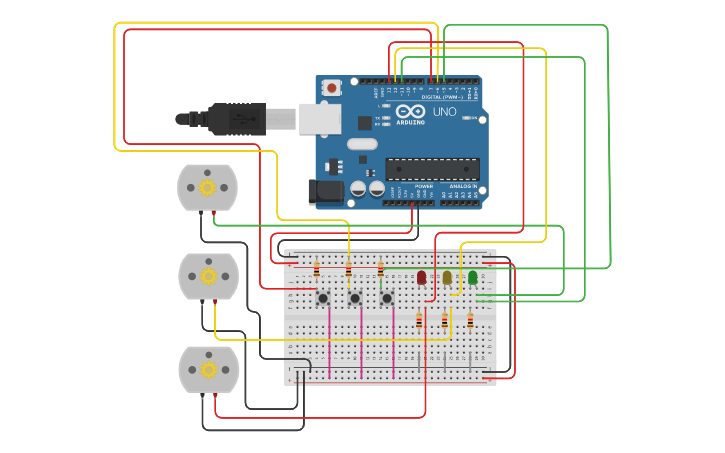 Circuit design Push Button with LED & Motor DC - Tinkercad