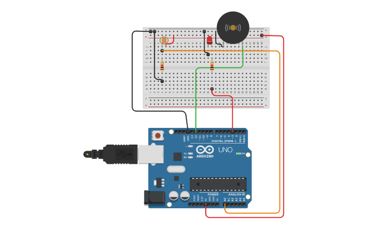 Circuit design AUTOMATED BURGLAR ALARM USING LDR - Tinkercad