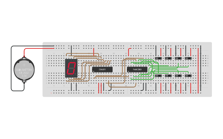 Circuit design Activity #6&7-4-BIT ADDER WITH 7-SEGMENT - Tinkercad